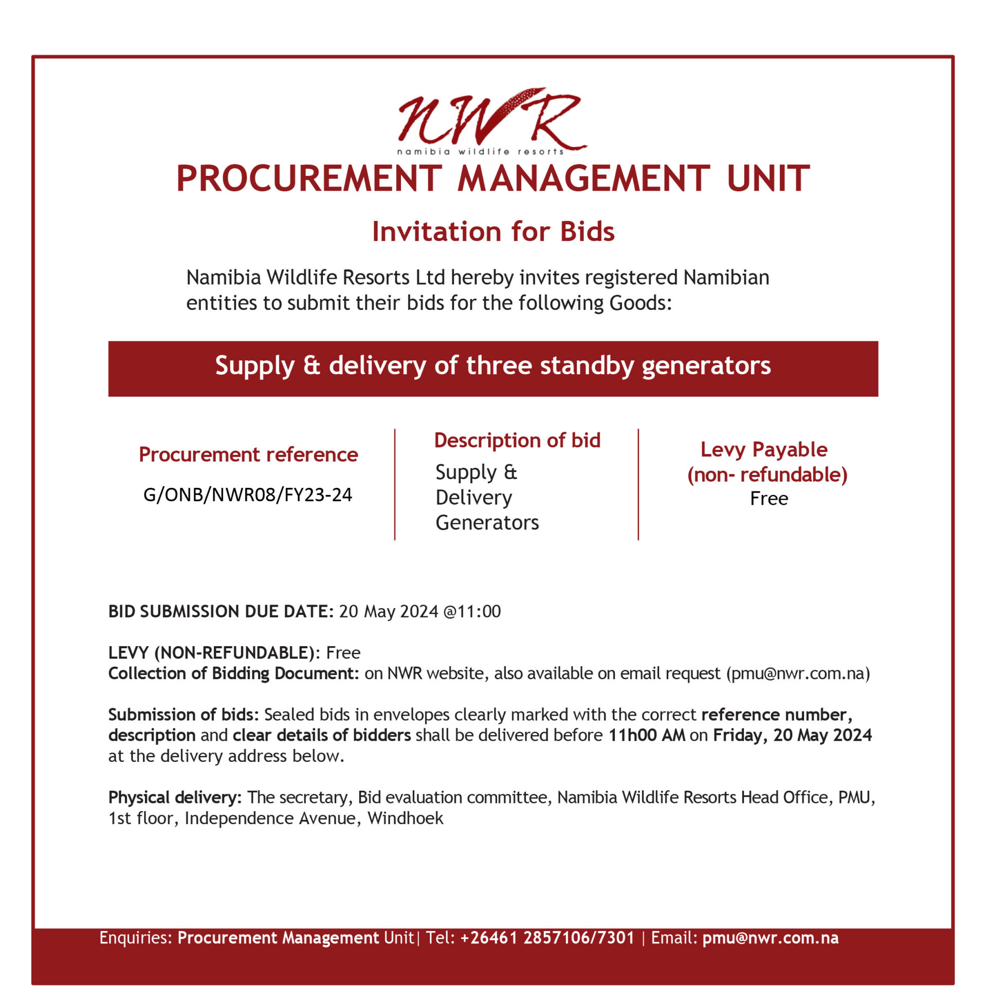 Tenders - Namibia Wildlife Resorts