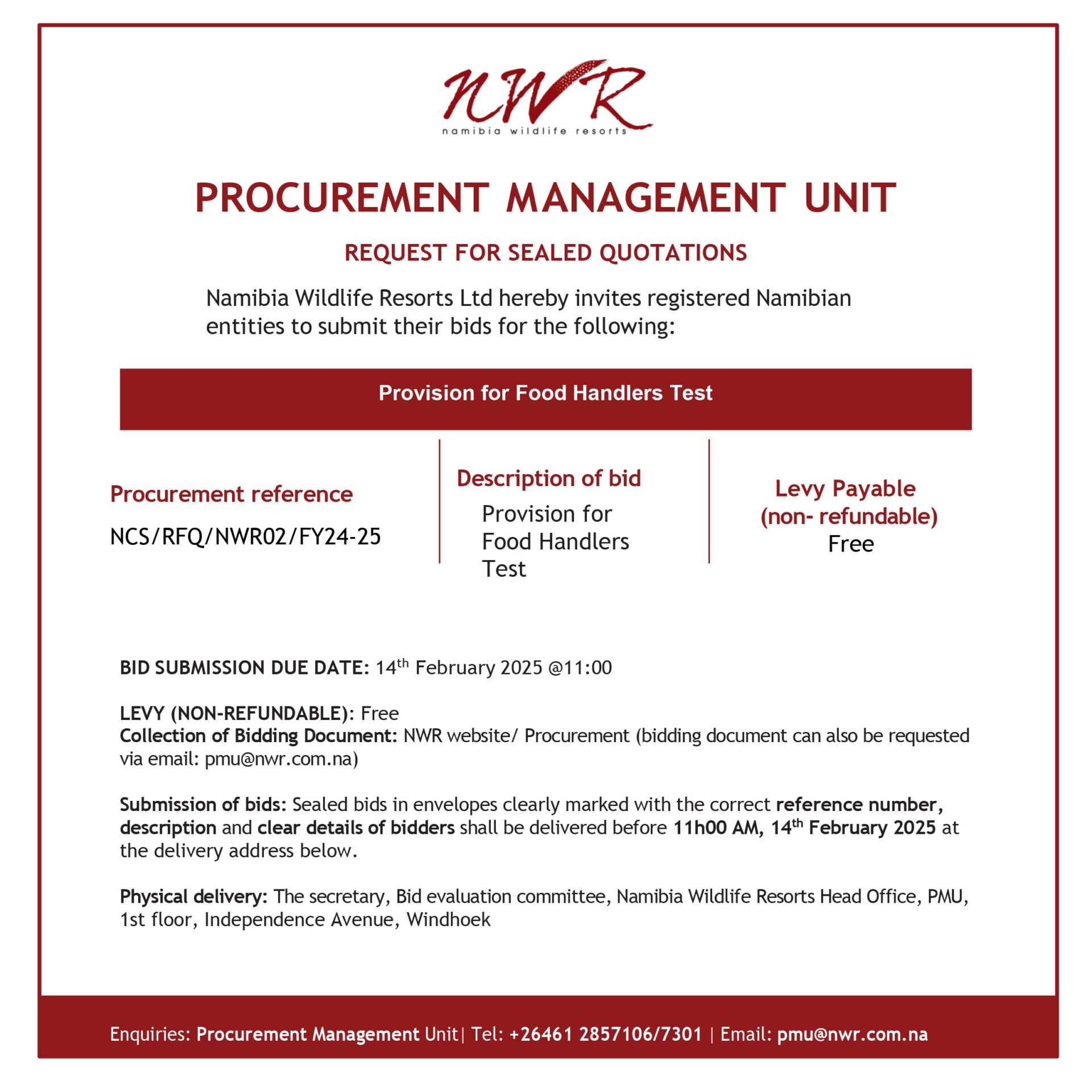 Tenders - Namibia Wildlife Resorts